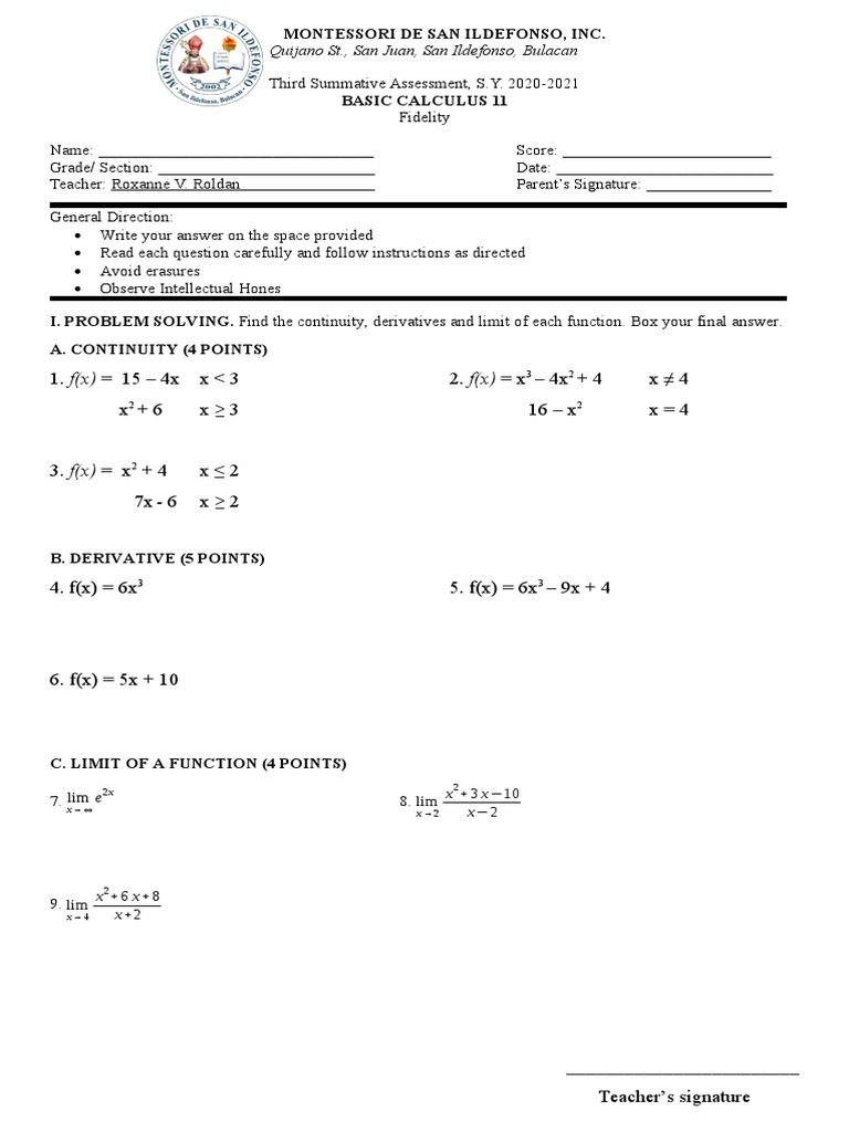 3rd Summative Assessment Basic Calculus | PDF