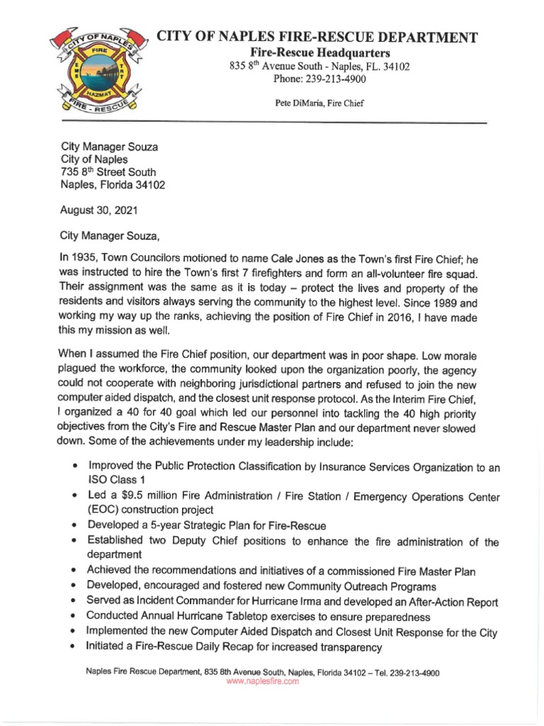 Naples Fire Chief Pete DiMaria Retirement Letter - 8-31-2021 | PDF ...