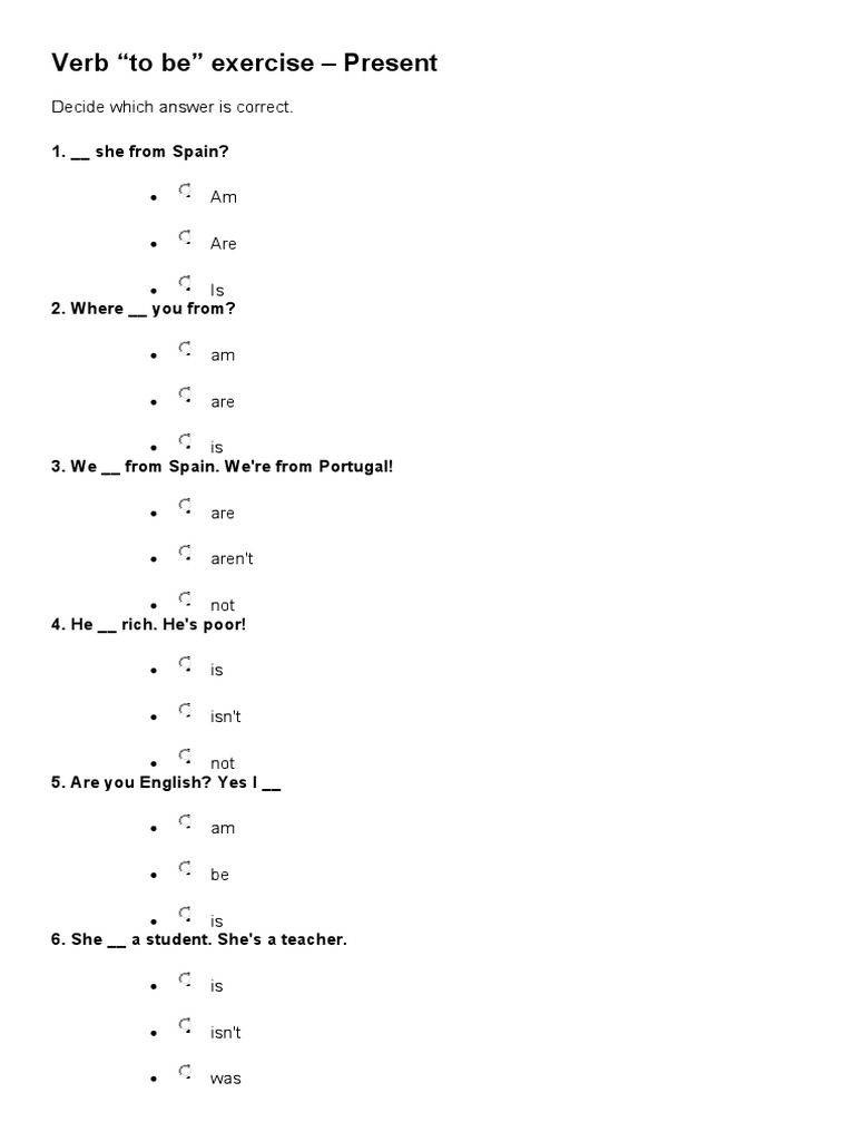 Excercises Verb To Be | PDF | Classroom