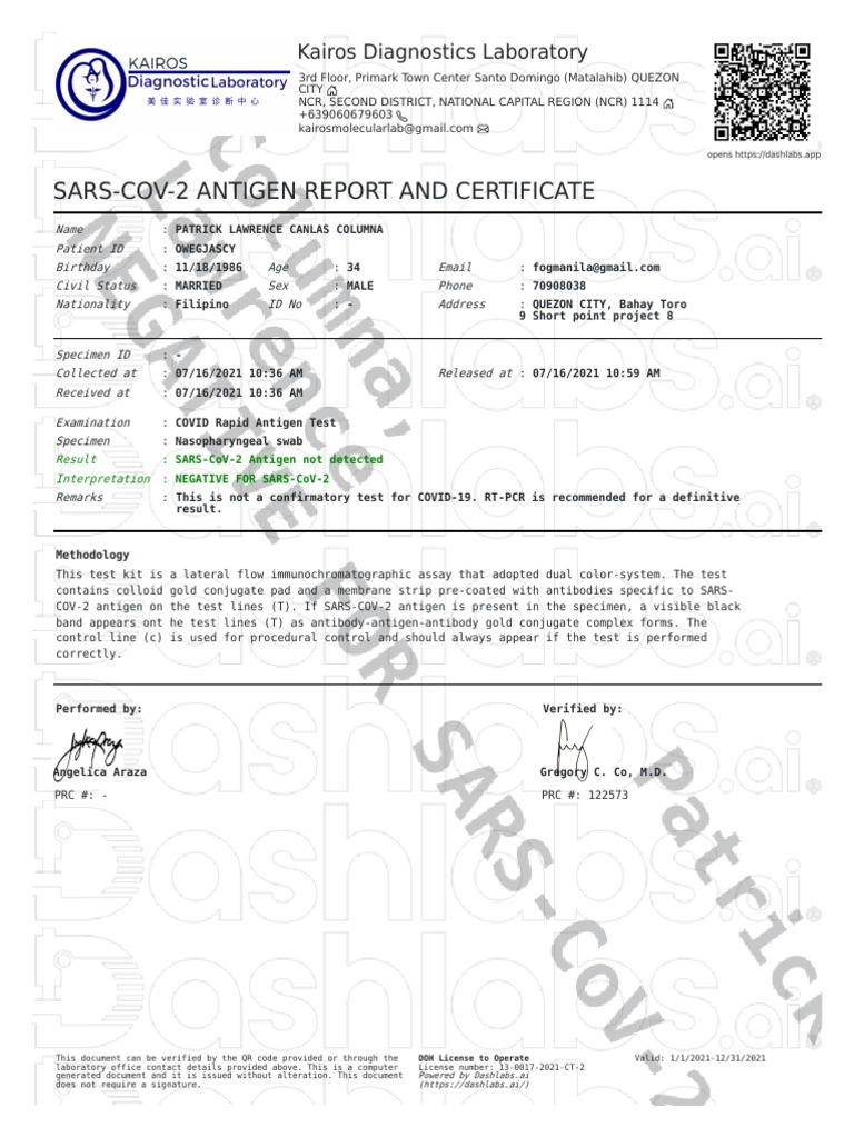 Sars-Cov-2 Antigen Report and Certificate: Kairos Diagnostics ...