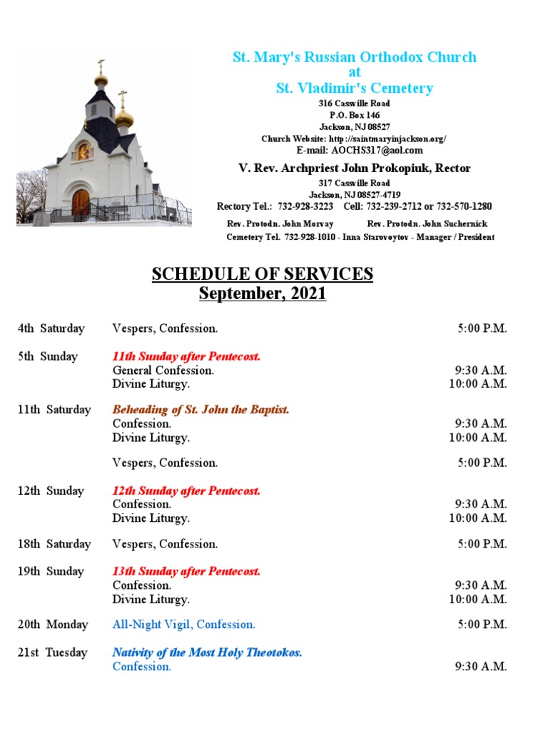 Schedule of Divine Services - September, 2021 | Download Free PDF ...
