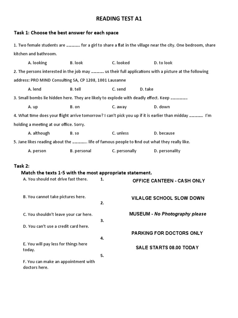 Reading Test A1: Task 1: Choose The Best Answer For Each Space | PDF