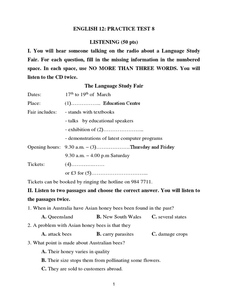 Practice Test 8 | PDF | English Language | Vitamin