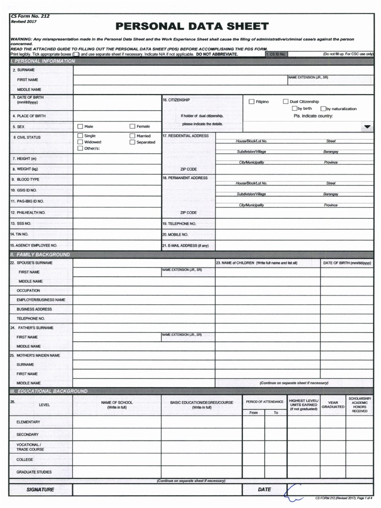 CS Form 212 - Personal Data Sheet | PDF