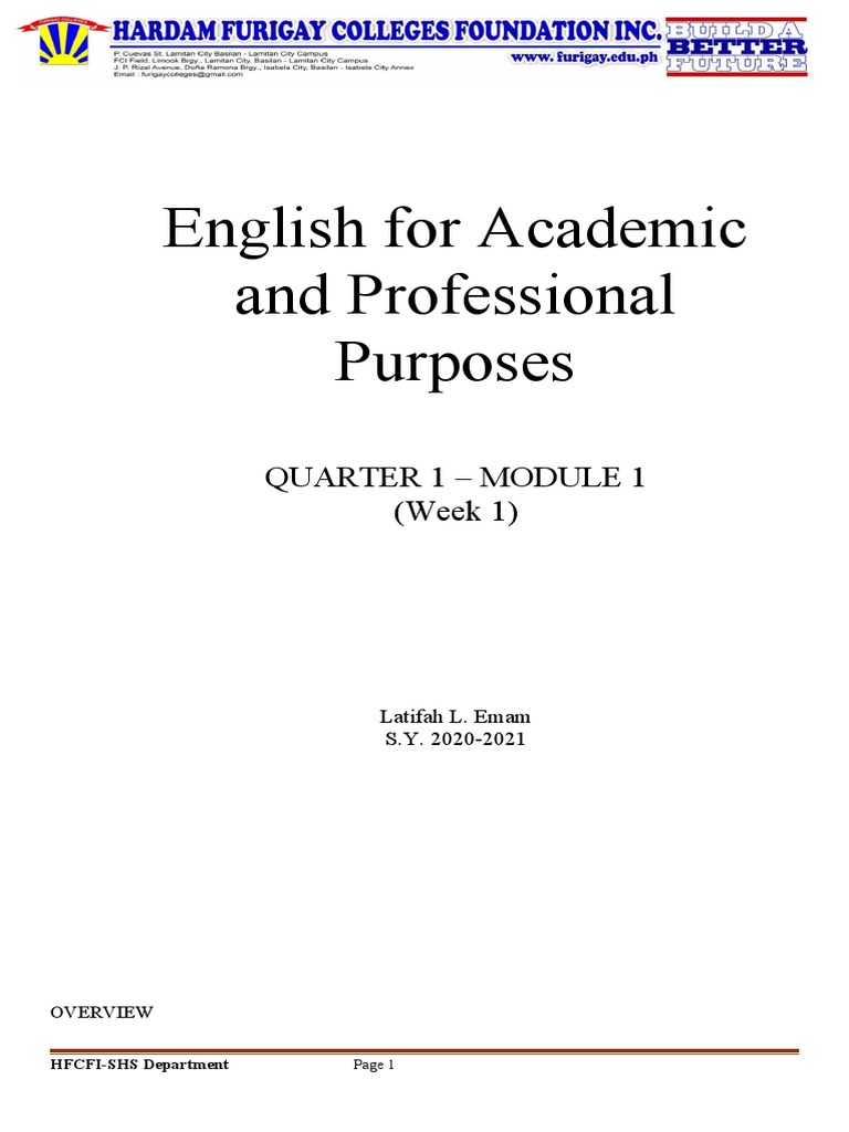 English For Academic and Professional Purposes: Quarter 1 - Module 1 ...