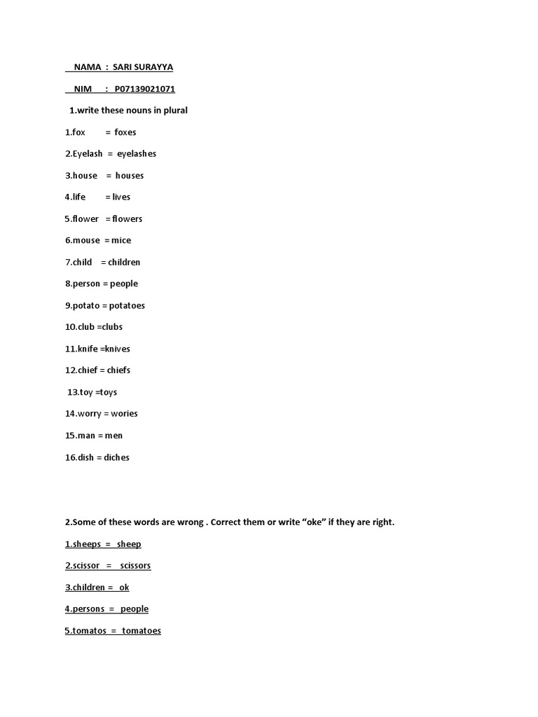 Nama: Sari Surayya NIM: P07139021071 1.write These Nouns in Plural | PDF