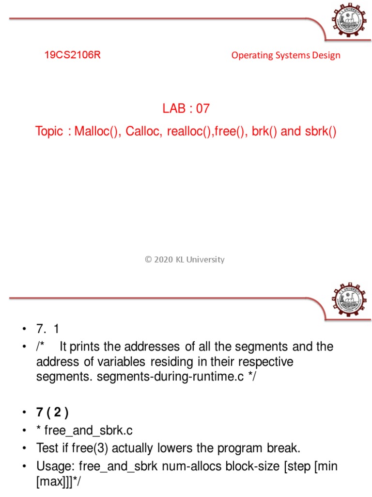 LAB: 07 Topic: Malloc, Calloc, Realloc, Free, BRK and SBRK | PDF | Pointer (Computer Programming ...