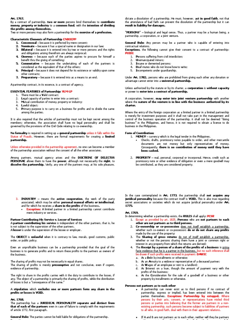 Overview of Article 1767 Partnership | PDF | Partnership | General ...