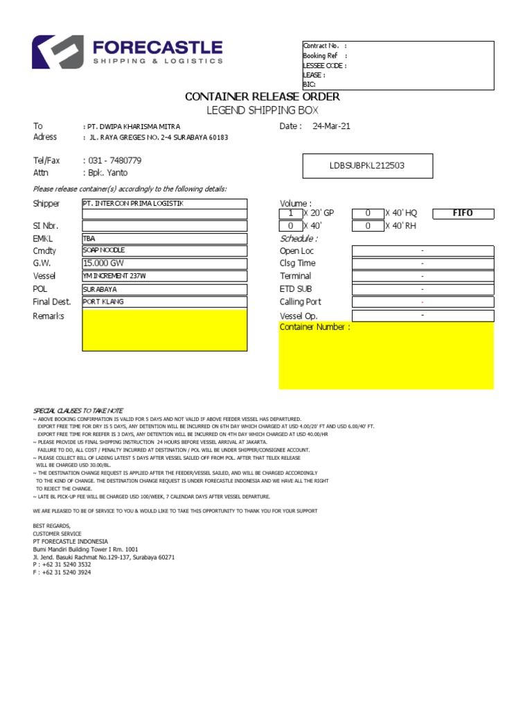 Container Release Order: Legend Shipping Box | PDF | Trade | Legal ...
