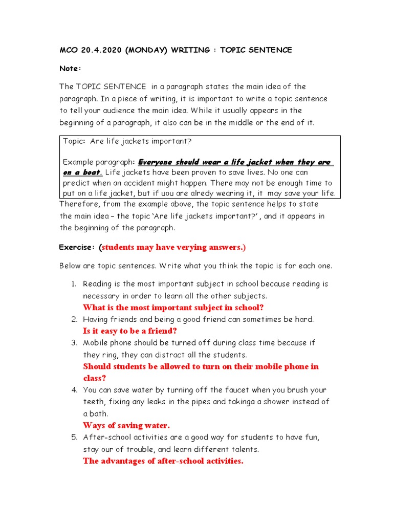 Monday Writing Topic Sentence - ANSWER KEY | PDF | Communication