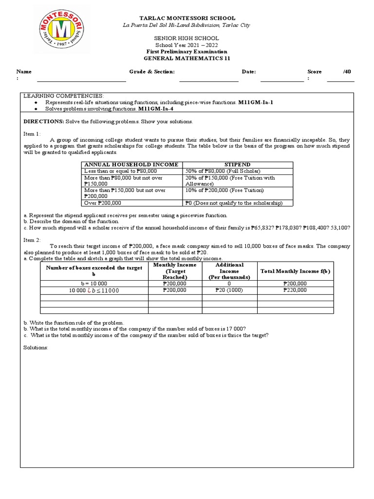 GEN MATH Preliminary Exam Test Paper | PDF | Mathematics | Test ...