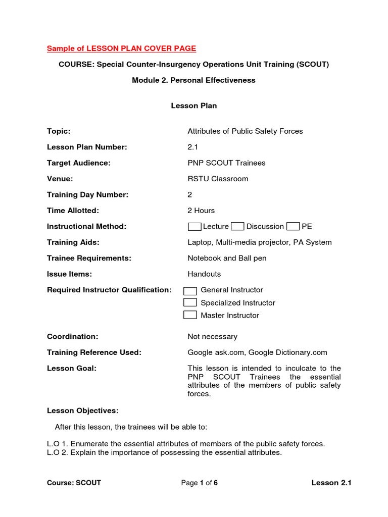 Sample of Lesson Plan Cover Page: Course: SCOUT | PDF | Courage ...