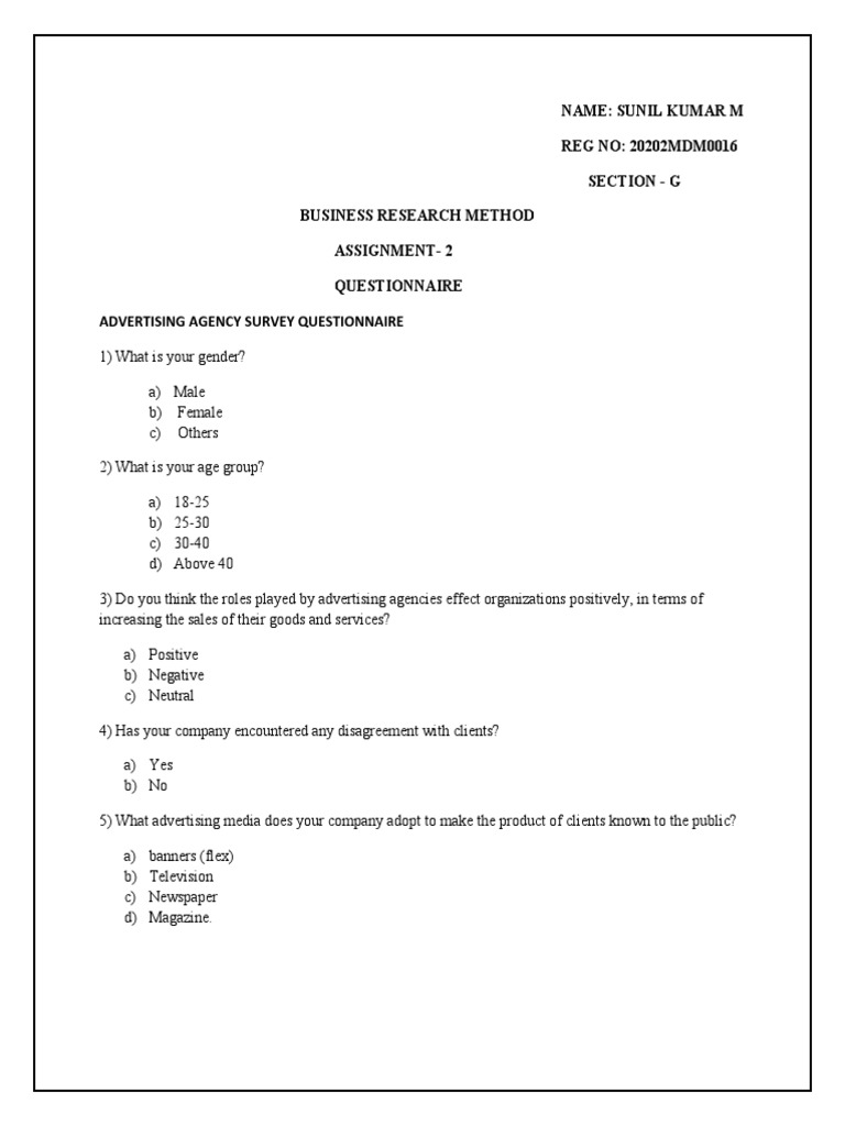 Name: Sunil Kumar M REG NO: 20202MDM0016 Section - G Business Research ...