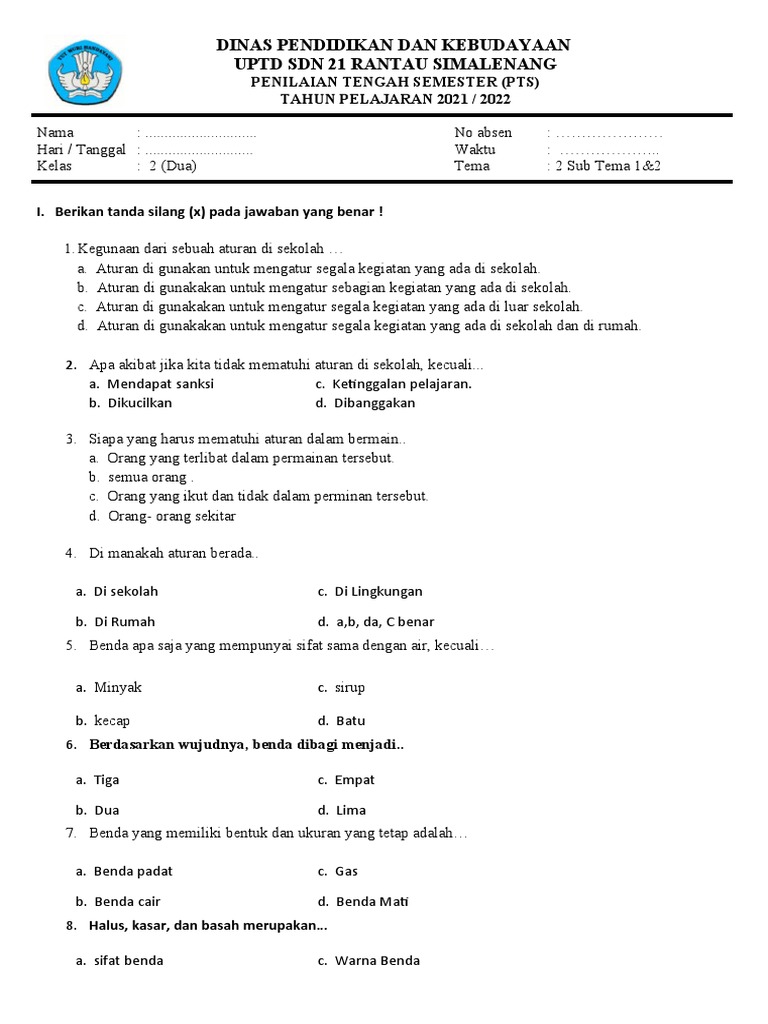 Soal PTS Kelas 2 Tema 2 Sub 1&2 | PDF