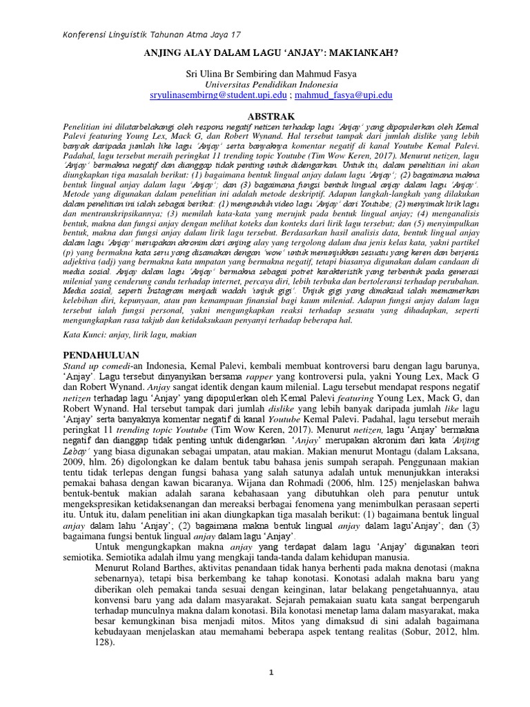 Anjing Alay Dalam Lagu Anjay': Makiankah?: Sryulinasembirng@student - Upi.edu Mahmud - Fasya@upi ...