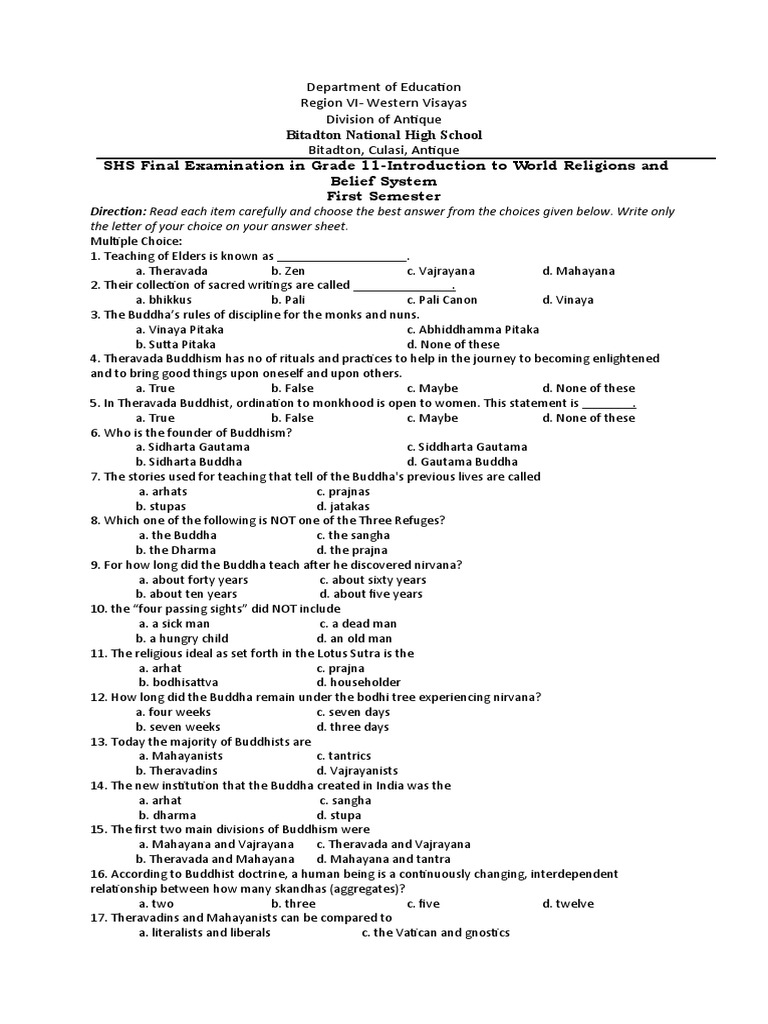SHS Final Examination in Grade 11-Introduction to World Religions and ...