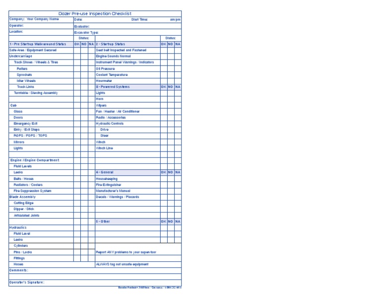 Dozer Pre Use Inspection Checklist | PDF | Automotive Technologies ...