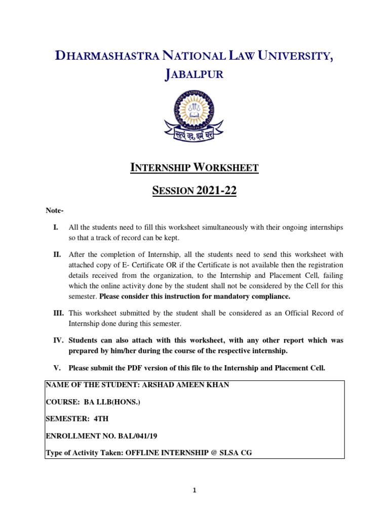 Internship Worksheet | PDF | Mediation | Justice