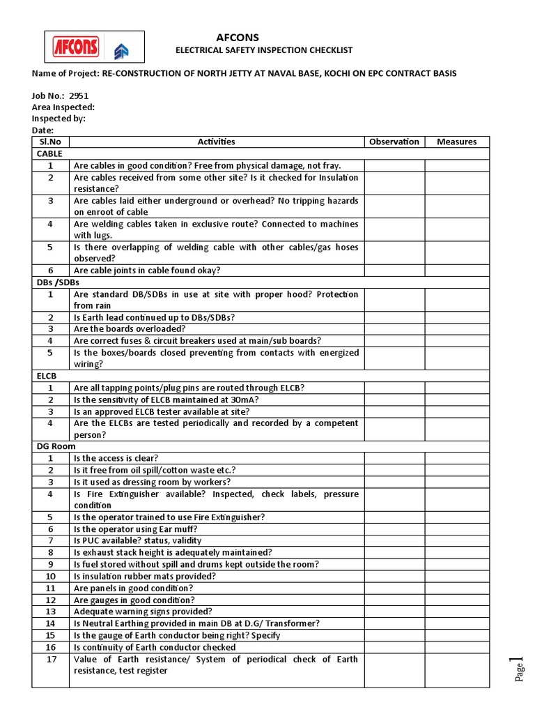 Afcons: Electrical Safety Inspection Checklist Re-Construction of North ...