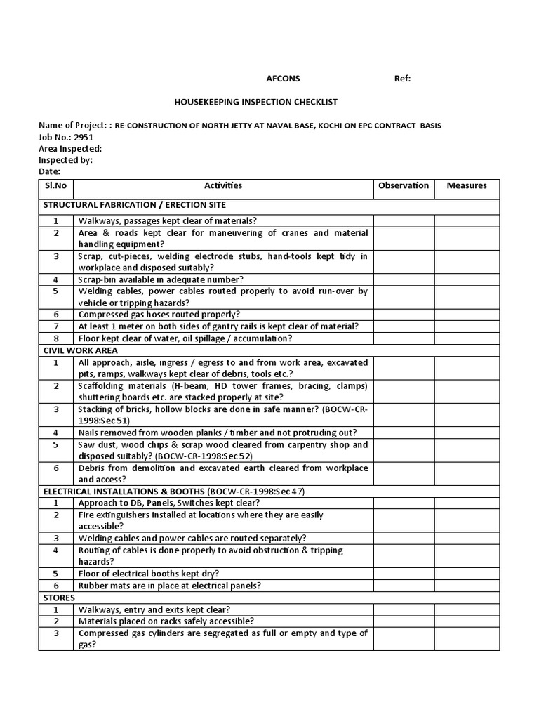 Afcons Ref: Housekeeping Inspection Checklist: Re-Construction of North ...