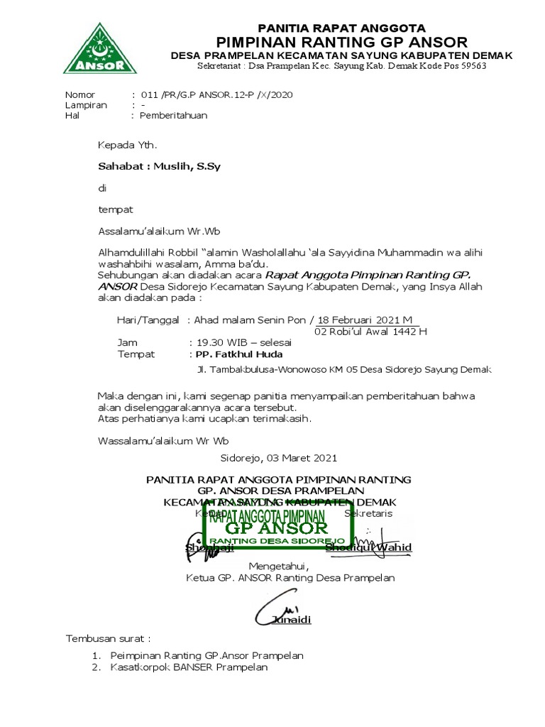 1.pemberitahuan Kegiatan Rapat Anggota GP - ANSOR | PDF