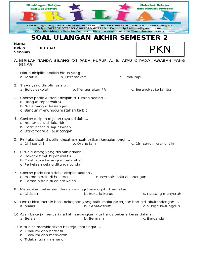 Soal UAS PKN Kelas 2 SD Semester 2 Dilengkapi Kunci Jawaban | PDF | Karier & Perkembangan