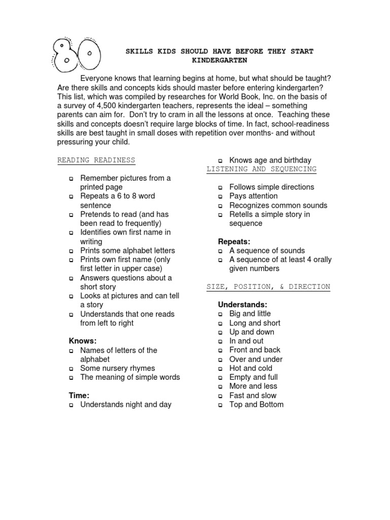 80 Skills Kids Should Have Before They Start Kindergarten | PDF | Cognition