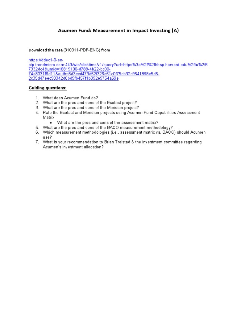 Acumen Fund: Measurement in Impact Investing (A) : Download The Case ...