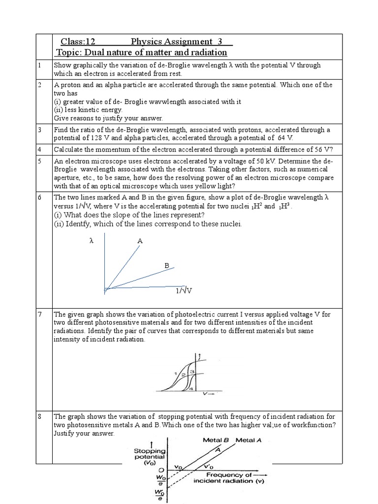 Class:12 Physics Assignment 3 Topic: Dual Nature of Matter and Radiation | PDF | Photoelectric ...