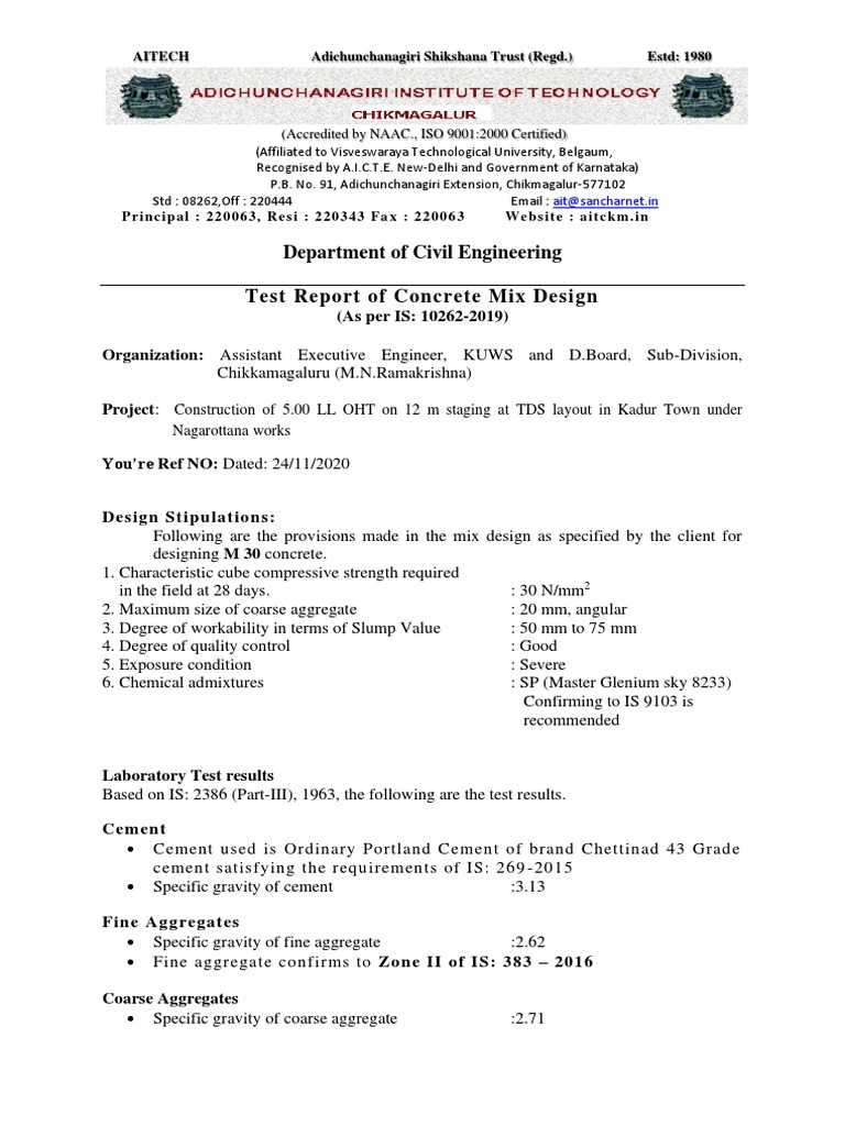 Department of Civil Engineering Test Report of Concrete Mix Design ...