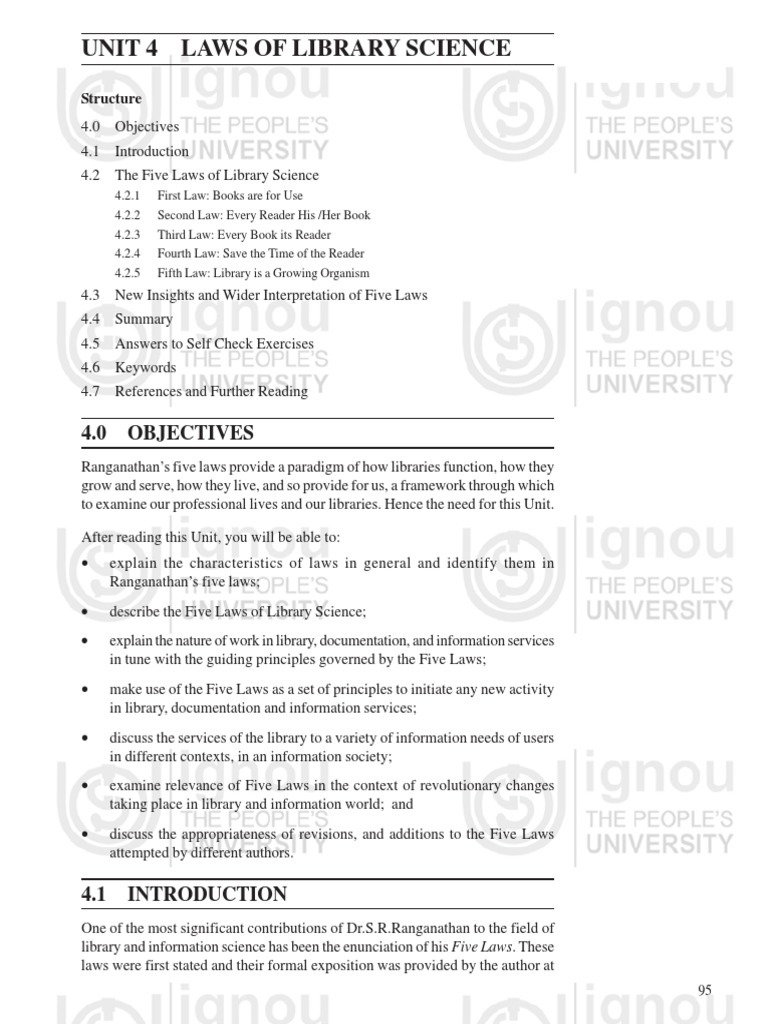 Unit 4 Laws of Library Science: 4.0 Objectives | Download Free PDF | Libraries | Library Science