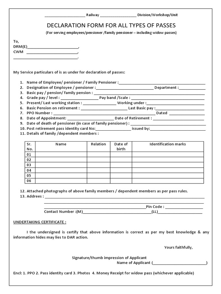 Declaration Form For All Types Of Passes Railway Divisionworkshopunit Pdf Government
