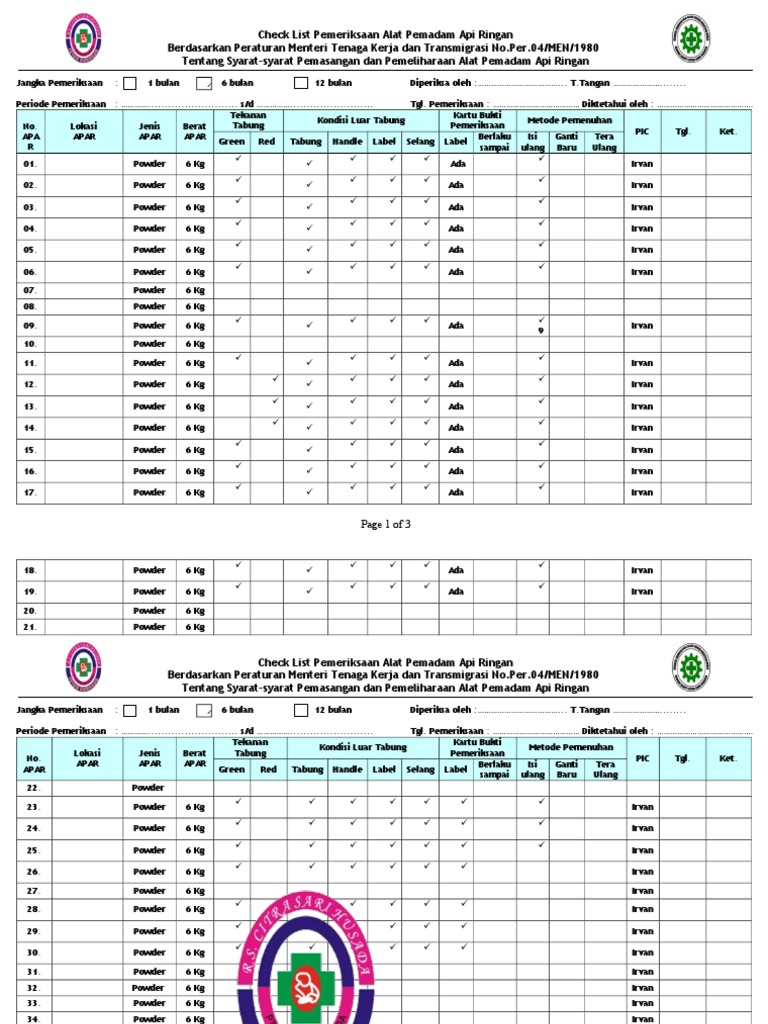 Form Ceklis Pemeliharaan Apar PDF Free | PDF