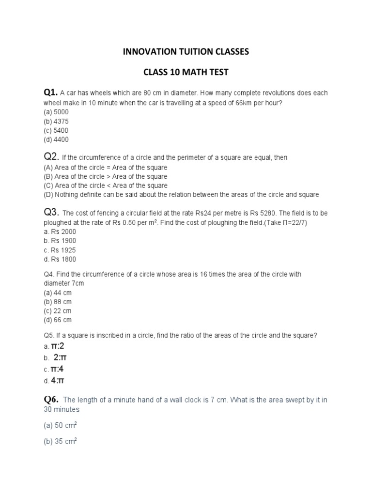 Innovation Tuition Classes Class 10 Math Test Q1 | PDF | Area ...