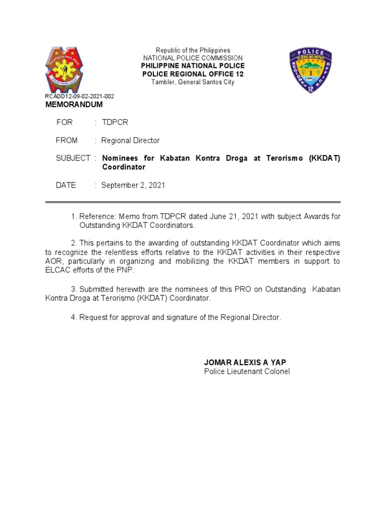 Memorandum: Philippine National Police Police Regional Office 12 | PDF