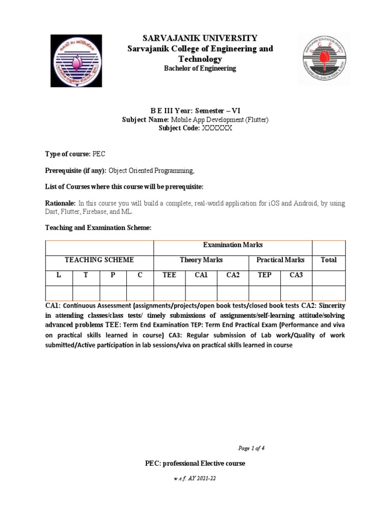 SU Mobile Application Development (Flutter) Syllabus | PDF | Android (Operating System) | Software