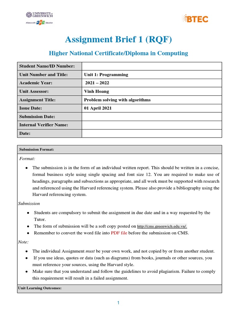 1 - Unit 1 - Assignment Brief 1 | PDF | Algorithms | Computer Programming