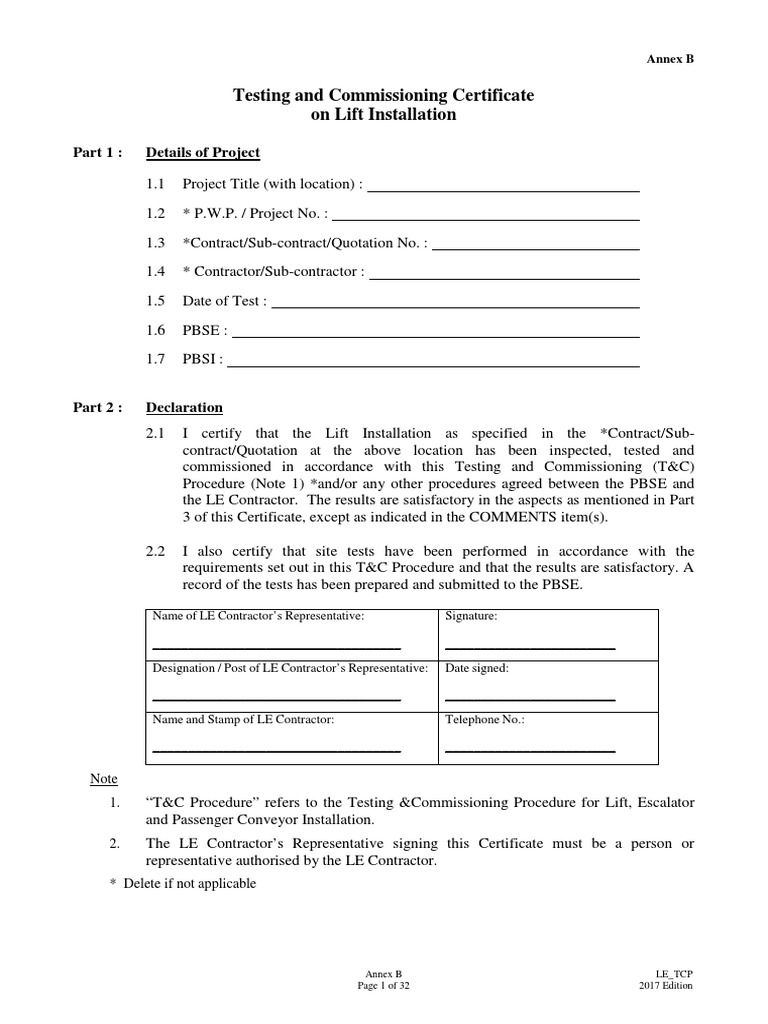 Testing and Commissioning Certificate On Lift Installation: Details of ...