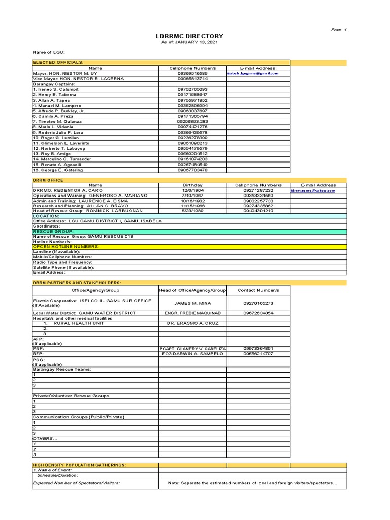 LDRRMC Directory: Form 1 | PDF | Service Industries