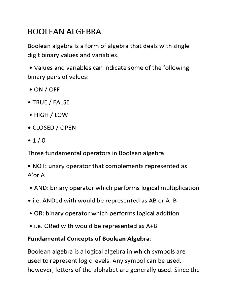 Fundamentals of Boolean Algebra: Binary Logic, Operators, and ...