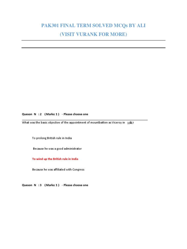 PAK301 FINAL TERM SOLVED MCQs BY ALI | PDF | All India Muslim League | Politics Of India