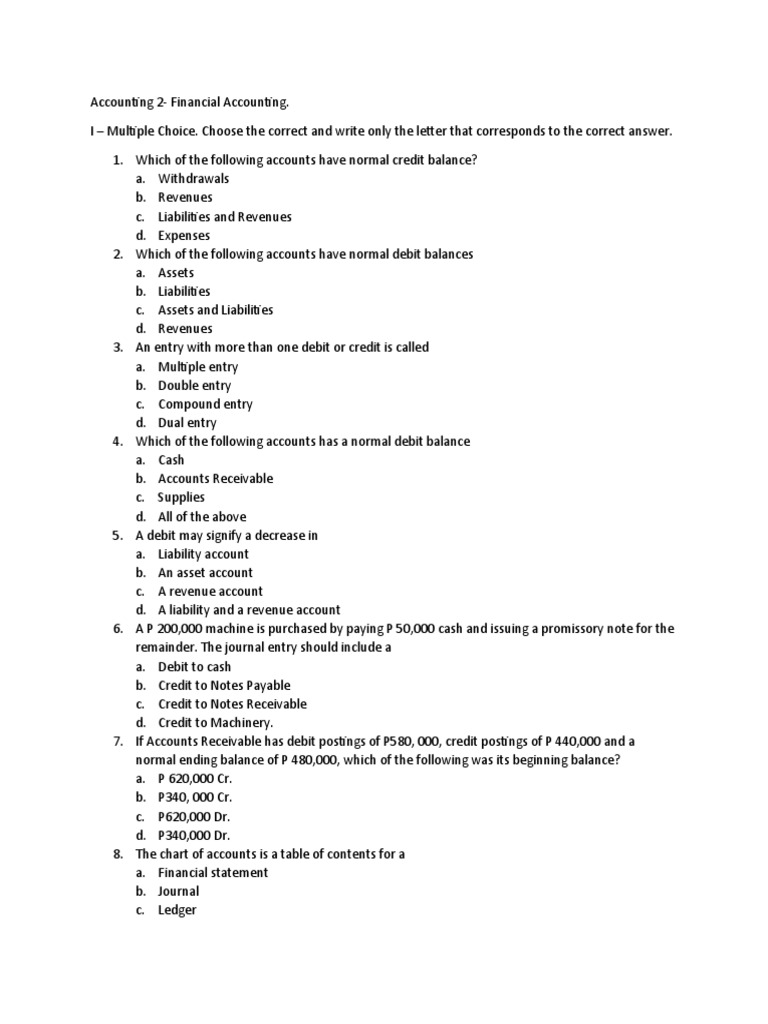 Financial Accounting MCQ Guide | PDF | Debits And Credits | Equity ...