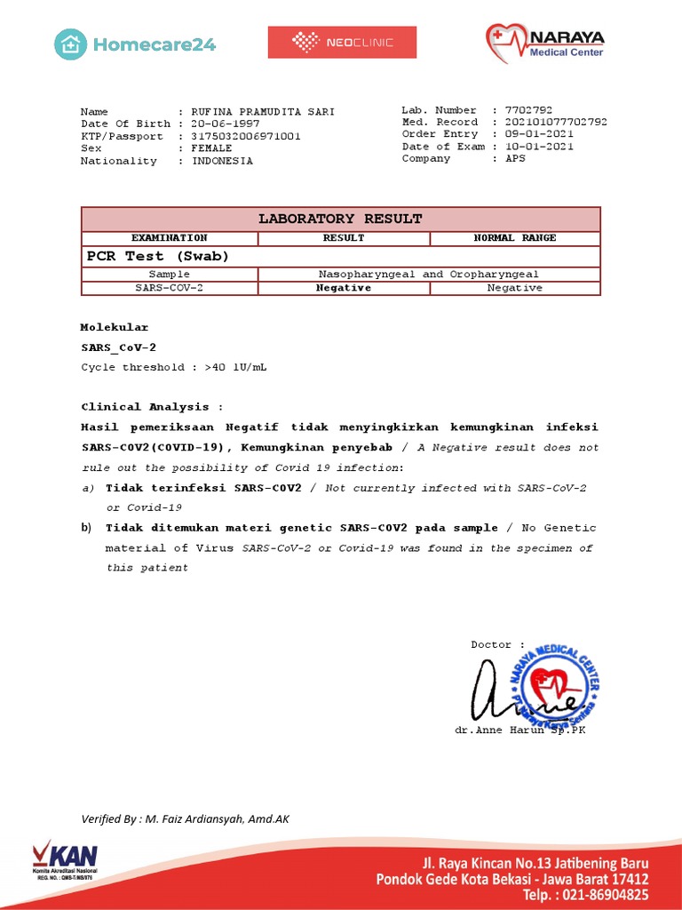 Laboratory Result PCR Test (Swab) : Molekular Sars - Cov-2 | Download ...