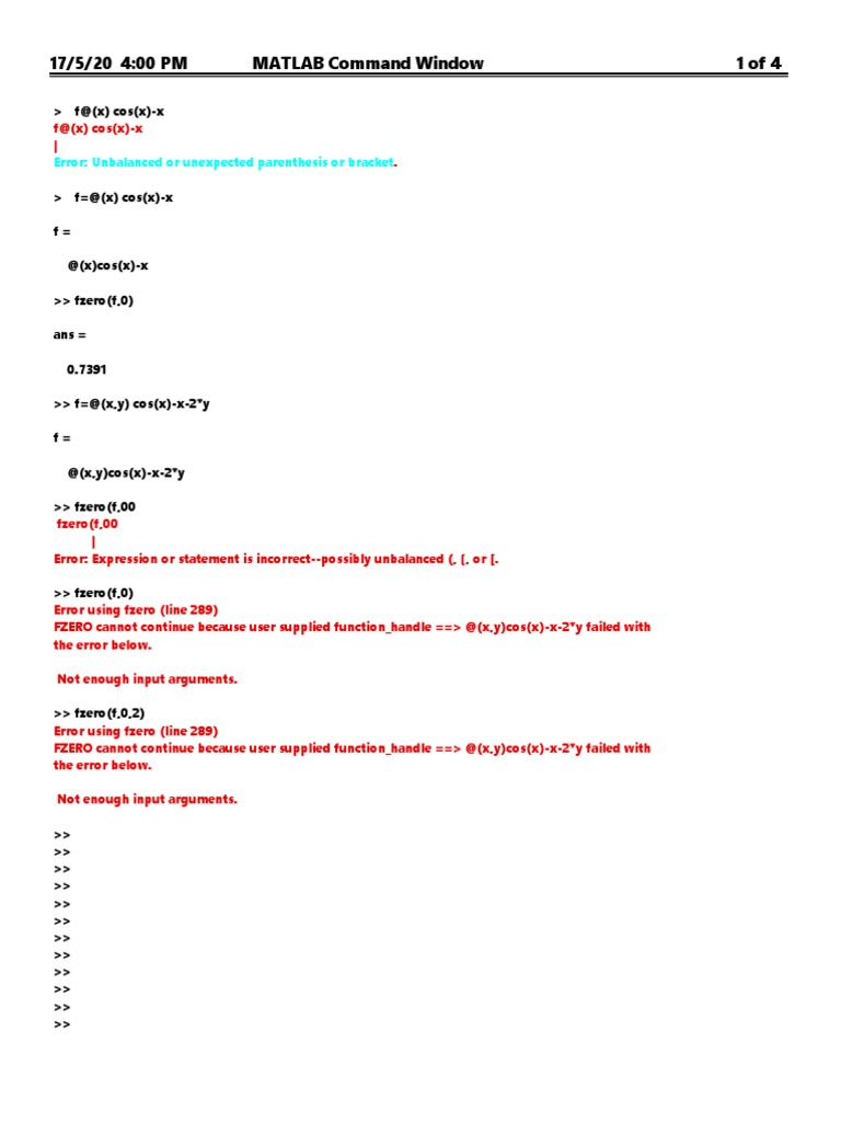 17/5/20 4:00 PM MATLAB Command Window 1 of 4: Error: Unbalanced or ...