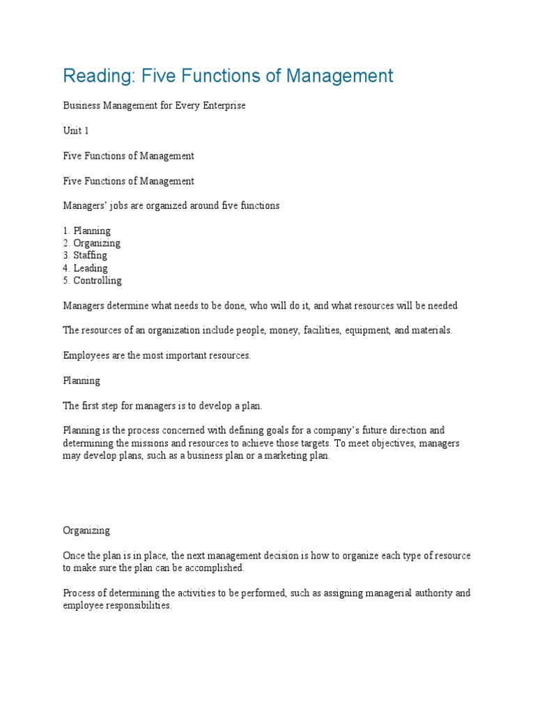 Reading Five Functions of Management | PDF