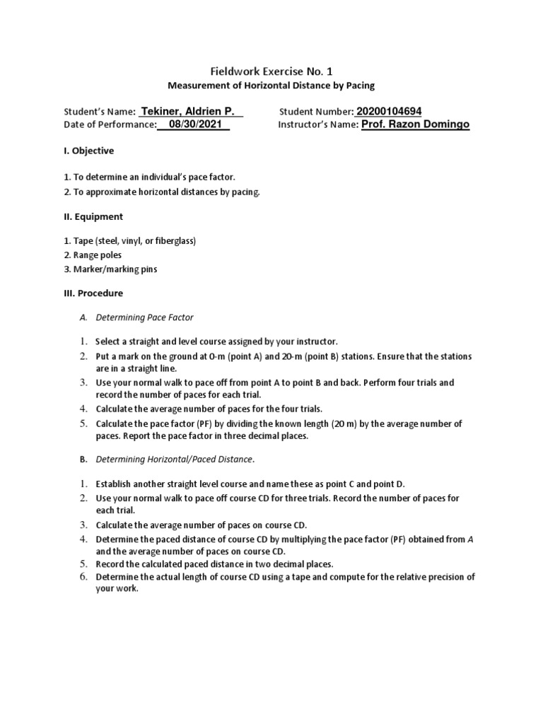 Measuring Horizontal Distances Through Pacing: A Fieldwork Exercise in Determining Pace Factors ...