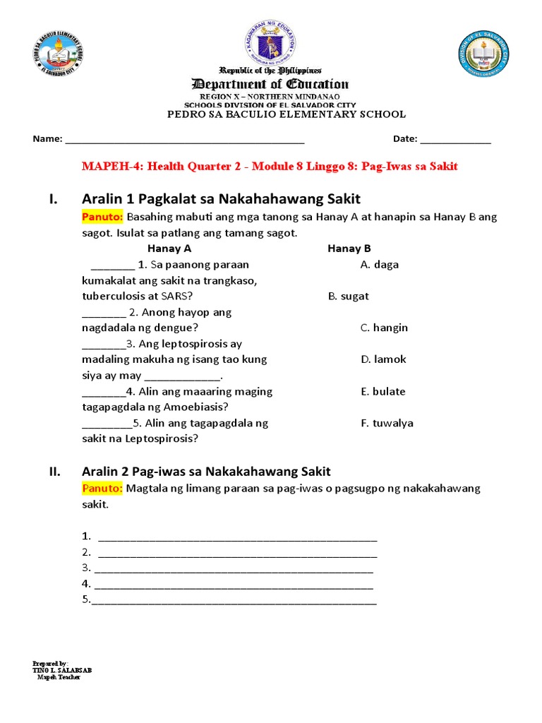 Answer Sheet in Mapeh 4 Health M-8, Q2 | PDF