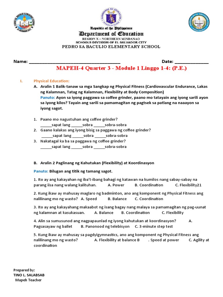 Answer Sheet in Mapeh 4 P.E. Q3, M-L | PDF