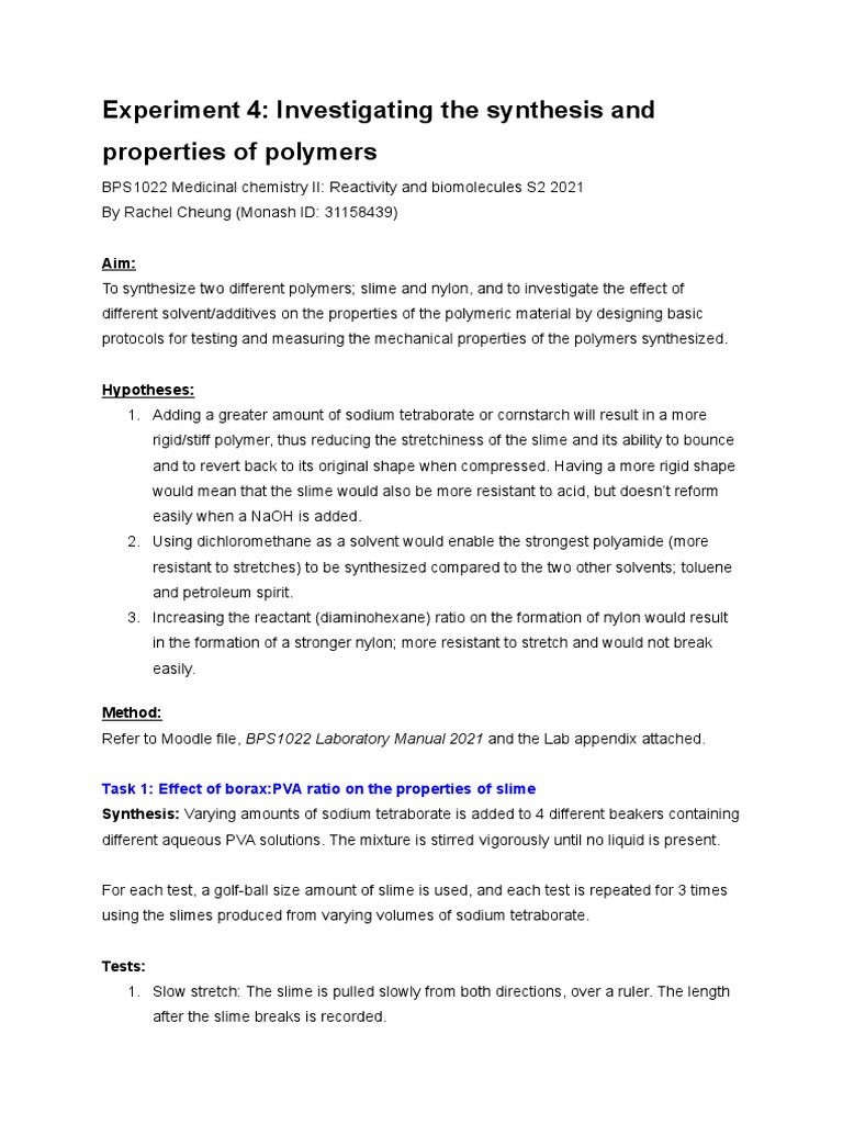 Experiment 4: Investigating The Synthesis and Properties of Polymers ...
