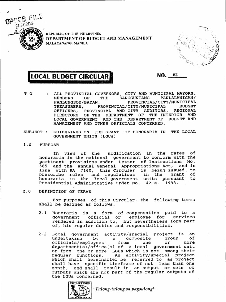 Local Budget Circular No 62 Honoraria | PDF